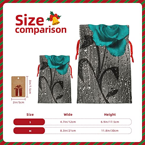 Teal Gray Rose Flowerchristmas Drawstring Gift Bag, Linen Drawstring Gift Bag, Reusable Drawstring Gift Bag, Used For Christmas, Birthday, Wedding Supplies