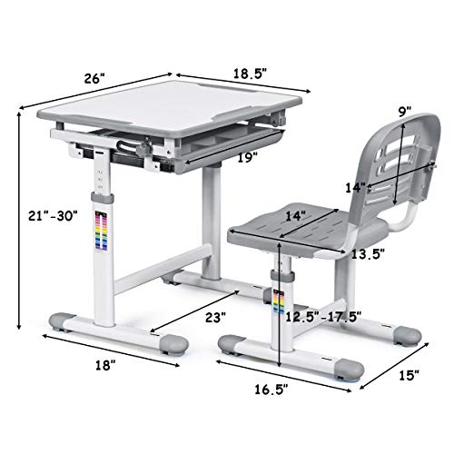 BABY JOY Kids Desk and Chair Set, Height Adjustable Child Desk Set w/Tilt Desktop, Pull Out Drawer Storage, Metal Hook, Multifunctional School Student Study Desk Chair for Boys & Girls (Grey)