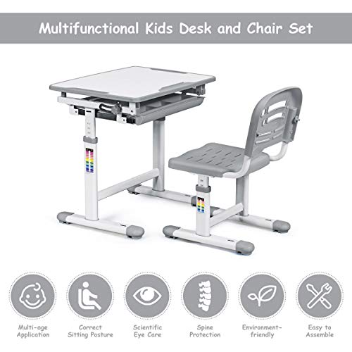 BABY JOY Kids Desk and Chair Set, Height Adjustable Child Desk Set w/Tilt Desktop, Pull Out Drawer Storage, Metal Hook, Multifunctional School Student Study Desk Chair for Boys & Girls (Grey)