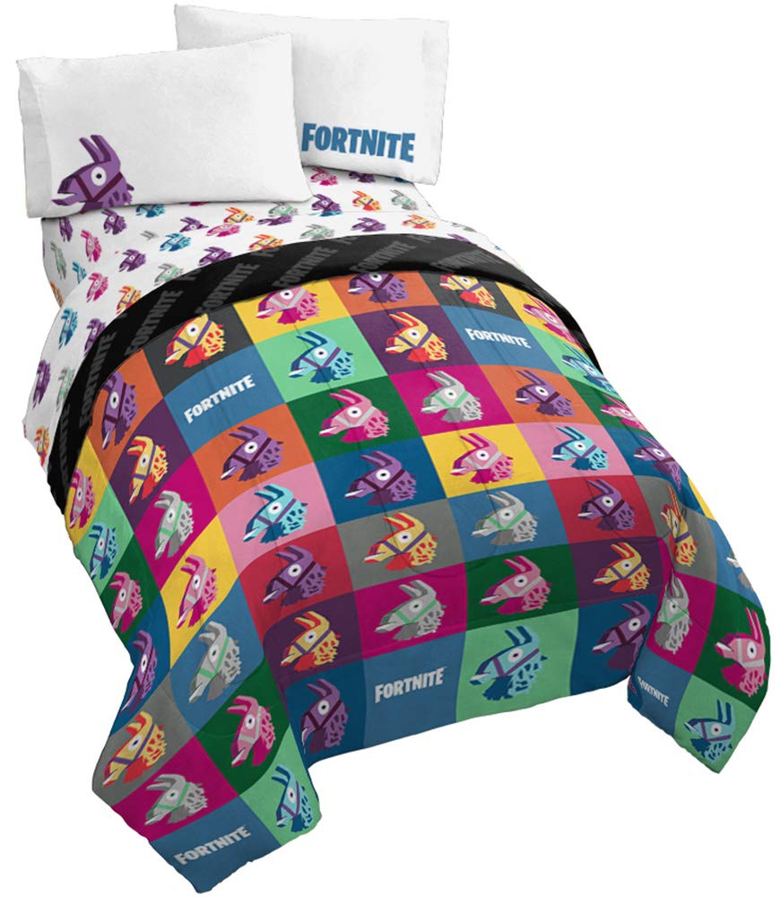 Jay Franco Fortnite Llama Warhol 5 Piece Full Bed Set - Includes Reversible Comforter & Sheet Set Bedding - Super Soft Fade Resistant Microfiber (Official Fortnite Product)