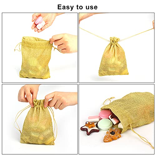 KIMOBER 16pcs Gold Gift Bags with Double Drawstrings,Glittery Jewelry Pouches Drawstring Bags for Christmas Wedding Party
