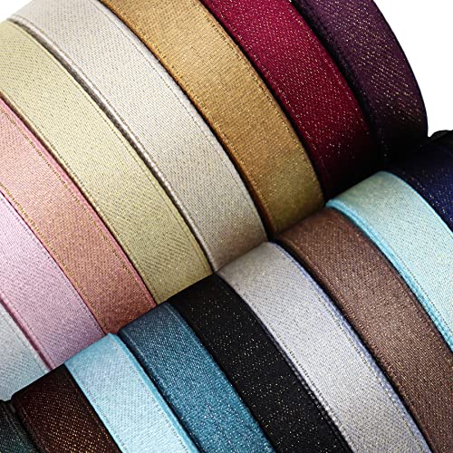 BAORJCT 20 Colors 40 Yard Gold and Silver Glitter Ribbon 3/8" Wide, 2 Yard/roll,20 Rolls, for Bows Crafts Gifts Party Wedding,Engagement, Bridal Shower Gift Wrapping