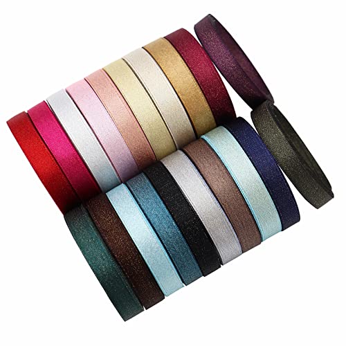 BAORJCT 20 Colors 40 Yard Gold and Silver Glitter Ribbon 3/8" Wide, 2 Yard/roll,20 Rolls, for Bows Crafts Gifts Party Wedding,Engagement, Bridal Shower Gift Wrapping