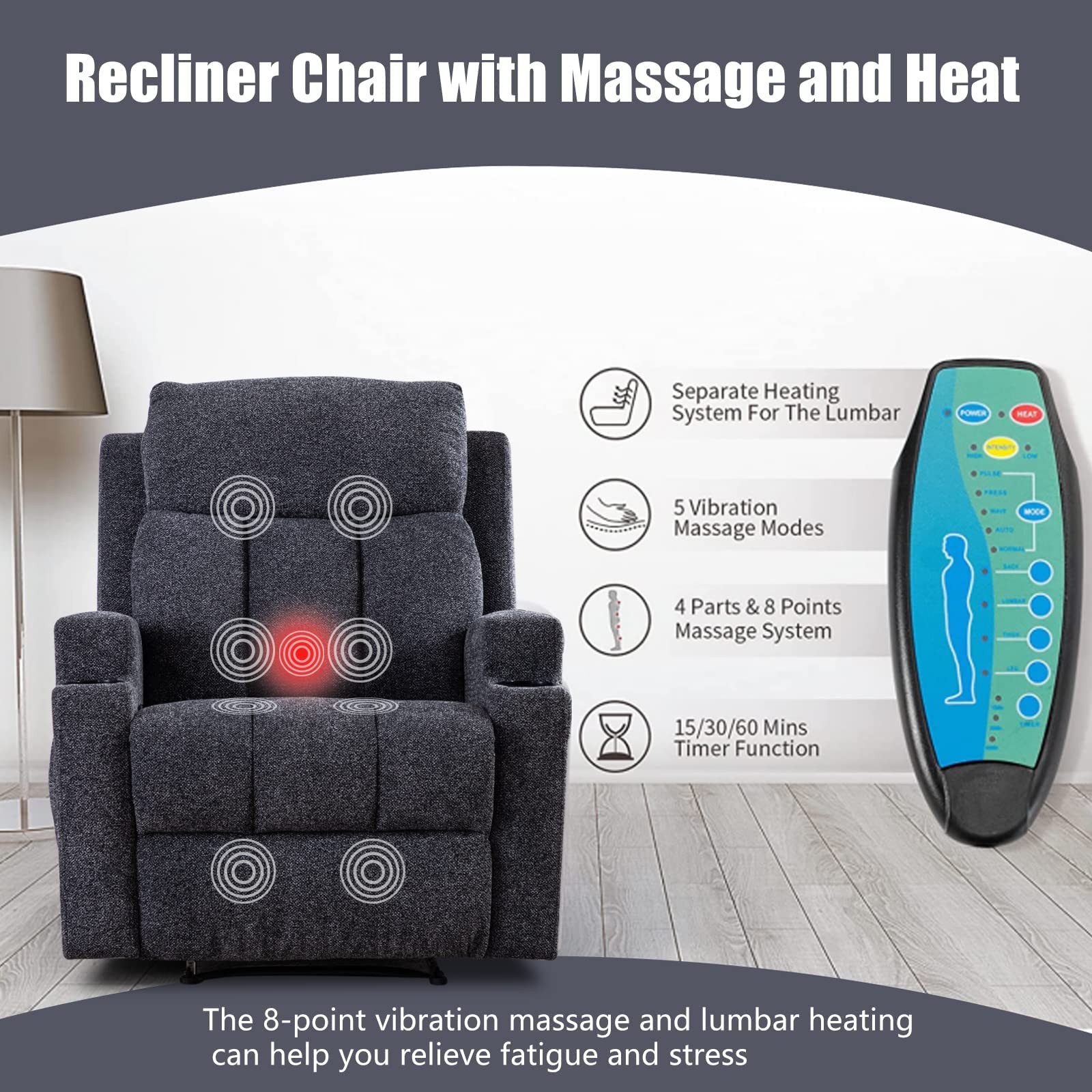 ANJ HOME Manual Massage Recliner Chairs with Heat for Living Room, Overstuffed Breathable Fabric Reclining Chair with Side Pockets and Cup Holders, Single Sofa Home Theater Seating, Dark Grey