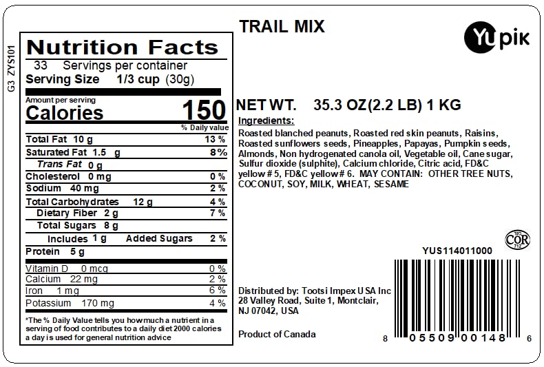 Yupik Trail Mix, 2.2 lb, A mix of peanuts, almonds, sunflower seeds, pumpkin seeds, raisins, papaya and pineapple, Pack of 1