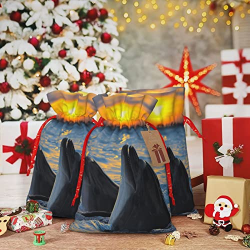 Drawstrings Christmas Gift Bags Bottle-Nosed-Dolphins-Sunset-Light Presents Wrapping Bags Xmas Gift Wrapping Sacks Pouches Medium