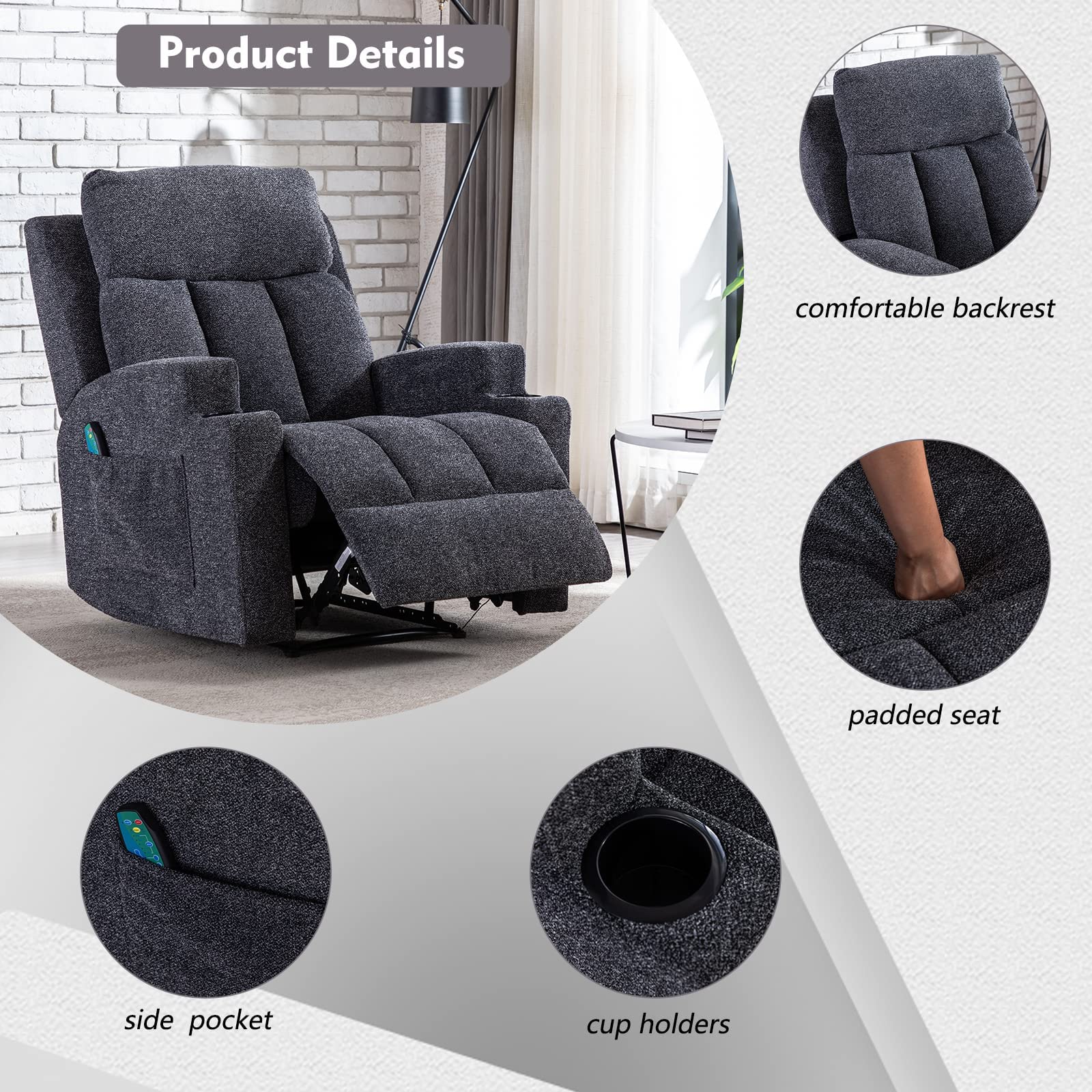 ANJ HOME Manual Massage Recliner Chairs with Heat for Living Room, Overstuffed Breathable Fabric Reclining Chair with Side Pockets and Cup Holders, Single Sofa Home Theater Seating, Dark Grey