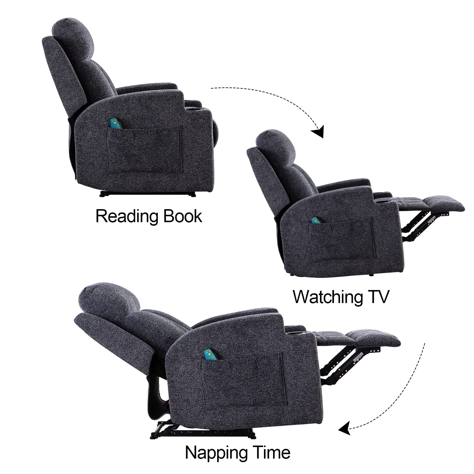 ANJ HOME Manual Massage Recliner Chairs with Heat for Living Room, Overstuffed Breathable Fabric Reclining Chair with Side Pockets and Cup Holders, Single Sofa Home Theater Seating, Dark Grey