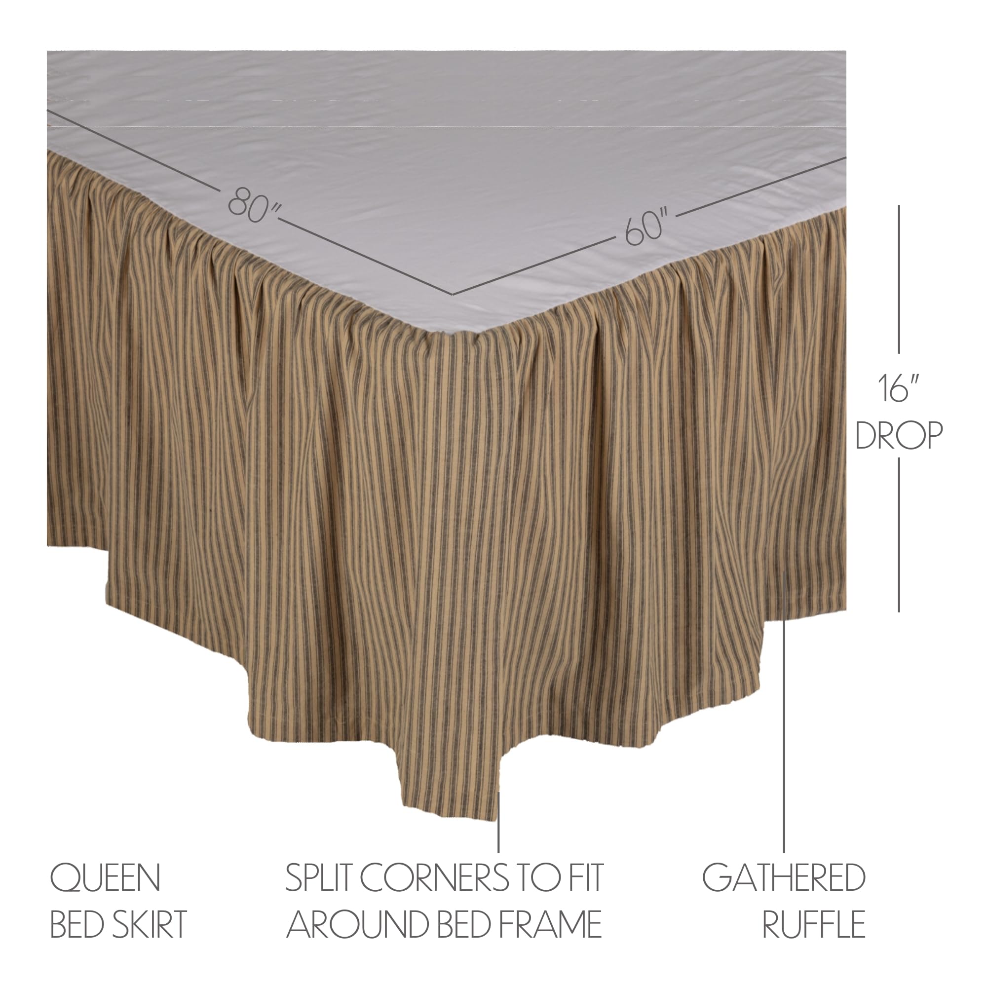 VHC Brands Farmhouse Star Ticking Striped Cotton Primitive Split Corners Gathered Queen Bed Skirt, Charcoal Black