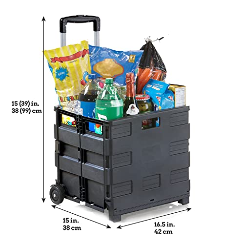 Inspired Living Collapsible Ultra-Slim Pack-N-Roll, 2 Wheel Utility Cart , With Telescopic Handle - Super Strong up to 80 Lbs Load Capacity, Black