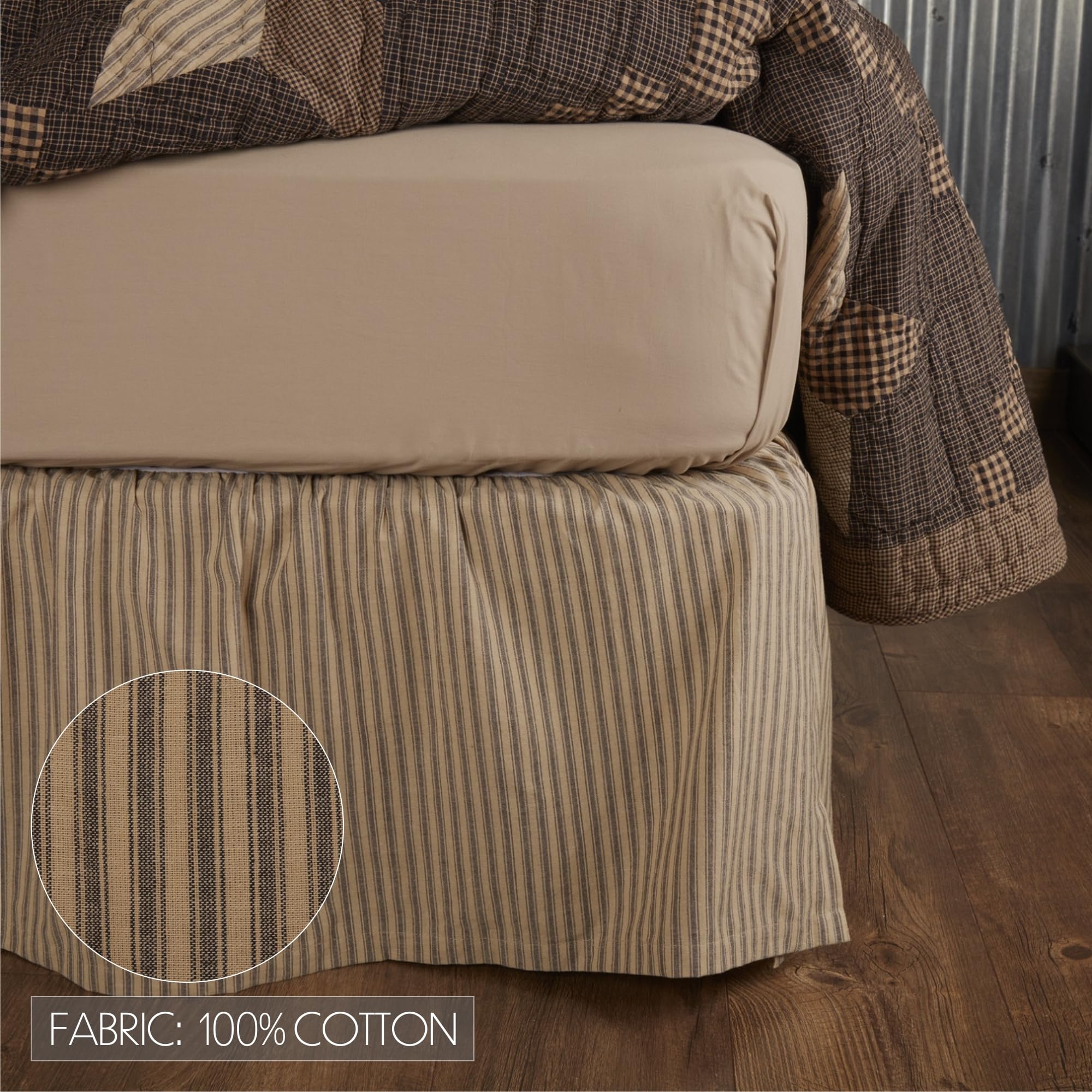 VHC Brands Farmhouse Star Ticking Striped Cotton Primitive Split Corners Gathered Queen Bed Skirt, Charcoal Black