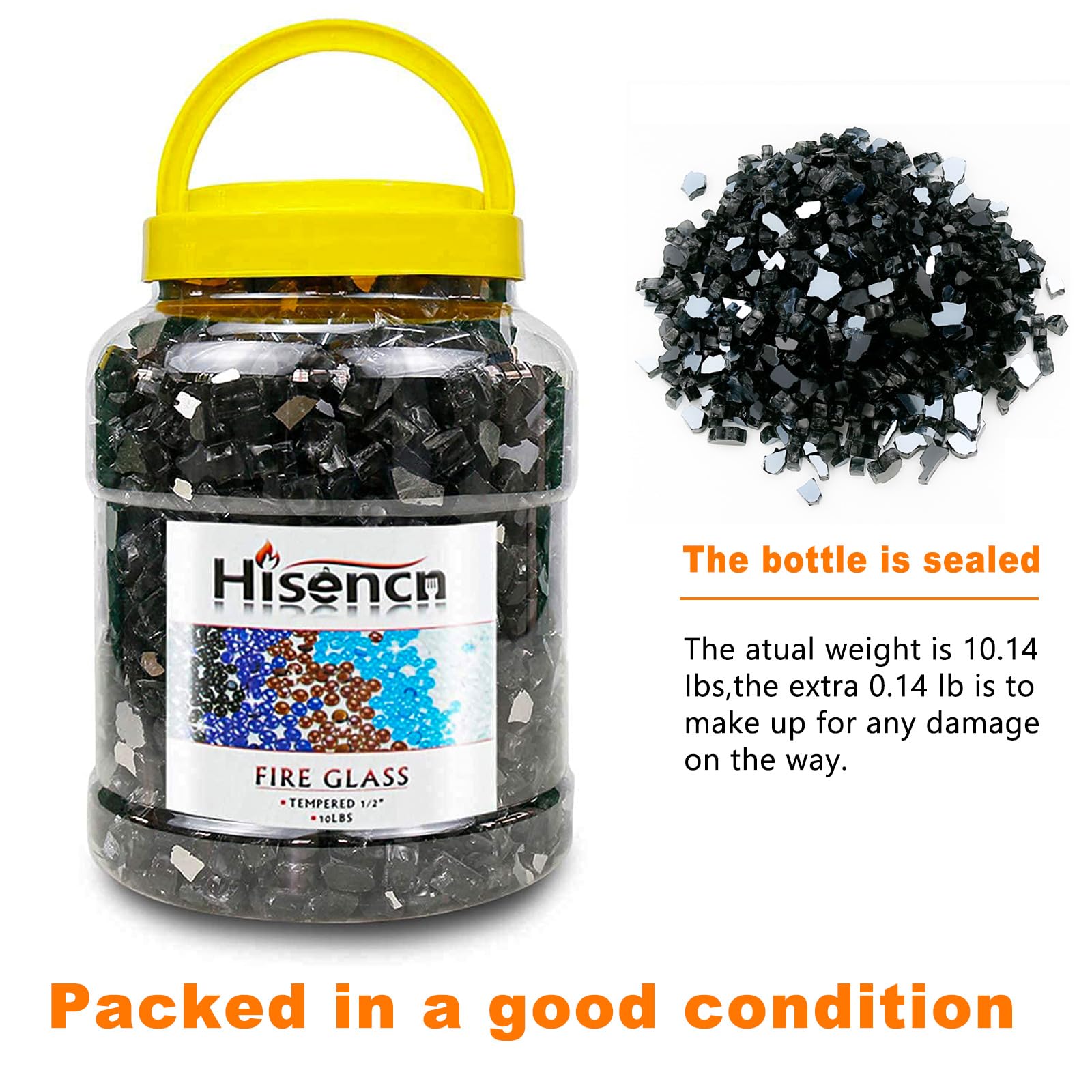 Hisencn Fire Glass 1/2 Inch - Onyx Black Reflective Tempered Fire Glass Rocks for Fire Pit, Outdoors and Indoors Natural or Propane Fireplaces, Fire Bowls Landscape Decoration, 10 Pounds