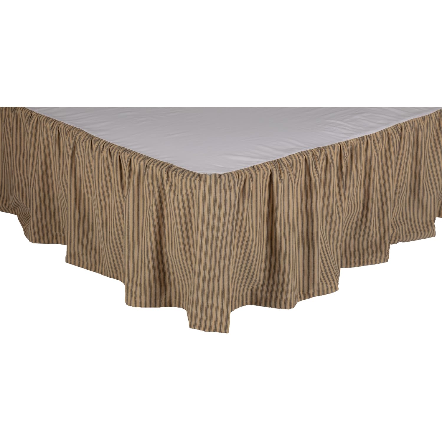 VHC Brands Farmhouse Star Ticking Striped Cotton Primitive Split Corners Gathered Queen Bed Skirt, Charcoal Black