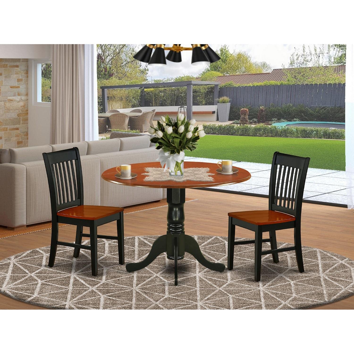 East West Furniture DLNO3-BCH-W 3 Piece Dining Room Table Set Contains a Round Dining Table with Dropleaf and 2 Wood Seat Chairs, 42x42 Inch, Black & Cherry