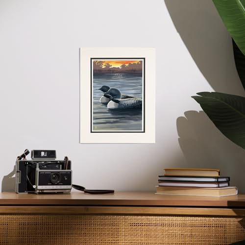 Lantern Press 11x14 Inch Matted Art Print Wall Decor, Loons and Lake at Sunset