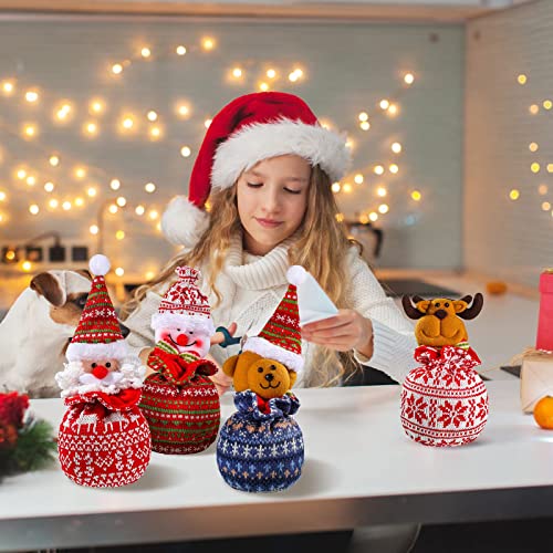 Christmas Gift Doll Bags with Drawstring Reusable, Knitted Burlap Santa Gifts Bags with Drawstring Santa Claus, Snowman, Elk, Bear for Kids Holiday Wrapping (4 Pcs)