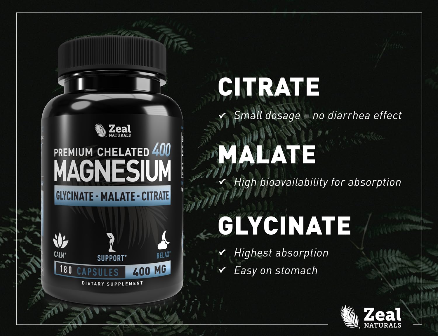 Premium Chelated Magnesium Glycinate, Malate, Citrate (400mg | 180 Capsules) Triple Blend Magnesium Complex