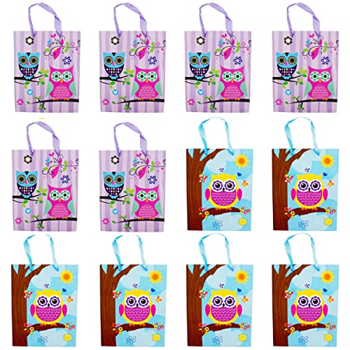 ZRAMO 12 Medium Owl Design Party Gift Bags, Birthday Gift Bags - Set of 12 Happy Birthday Gift Bags