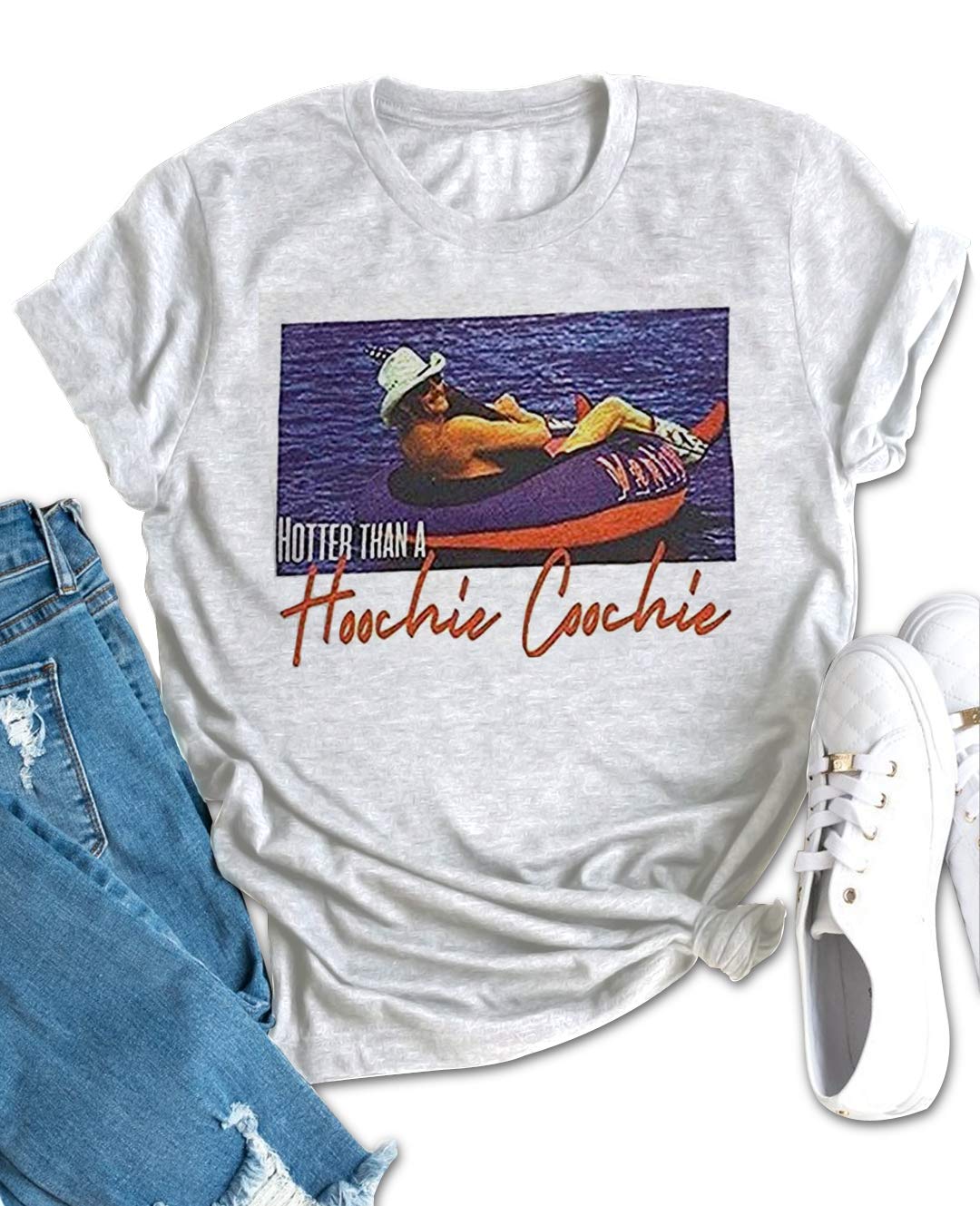 Hotter Than a Hoochie Coochie Shirt Country Music Funny T-Shirt Tops for Women Vintage Graphic Short Sleeve Tees (M, Light Grey)