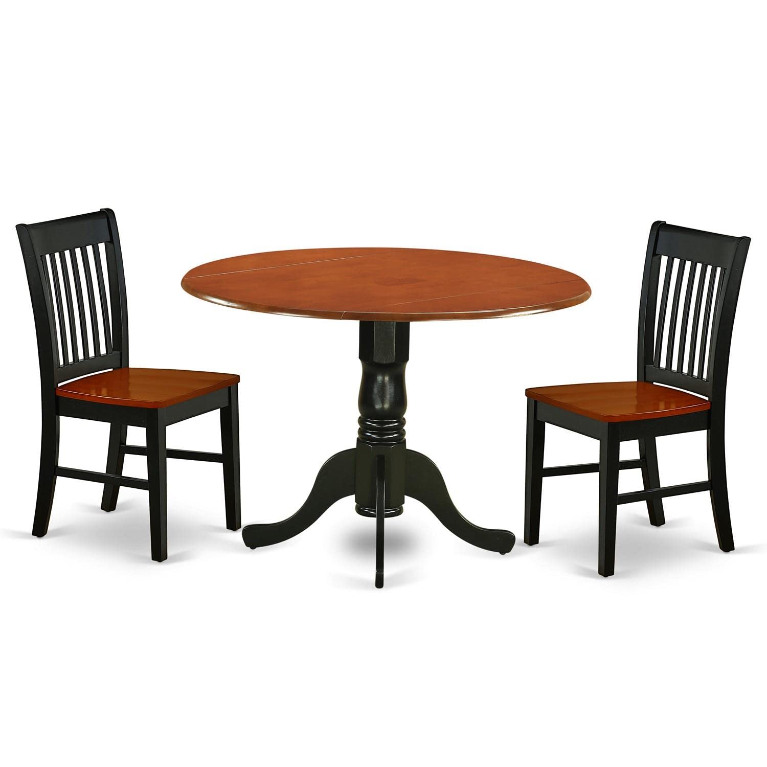 East West Furniture DLNO3-BCH-W 3 Piece Dining Room Table Set Contains a Round Dining Table with Dropleaf and 2 Wood Seat Chairs, 42x42 Inch, Black & Cherry