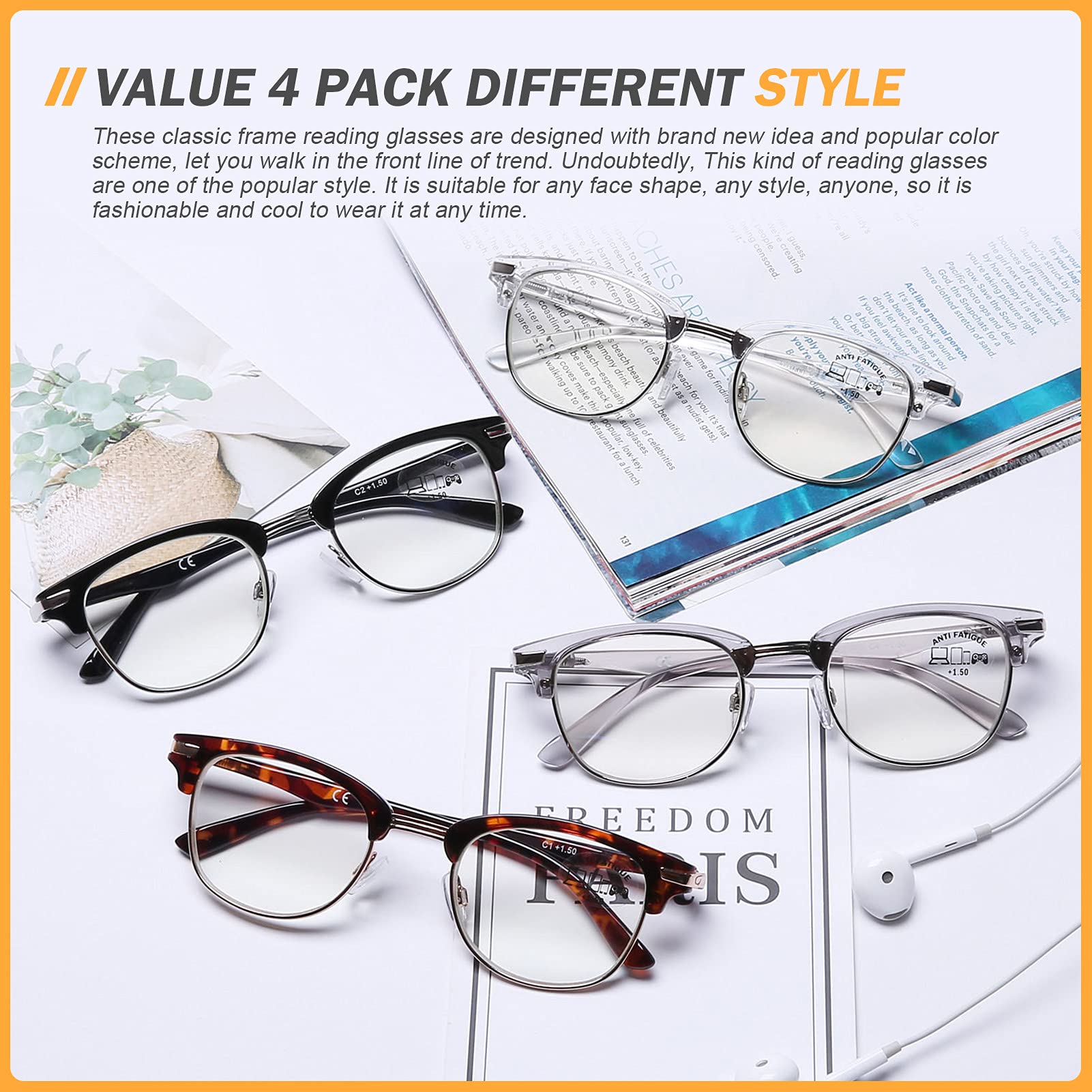DOOViC 4 Pack Blue Light Blocking Reading Glasses Anti Eyestrain Fashion Classic Style Spring Hinge Computer Readers for Women Men 1.50 Strength