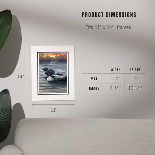 Lantern Press 11x14 Inch Matted Art Print Wall Decor, Loons and Lake at Sunset