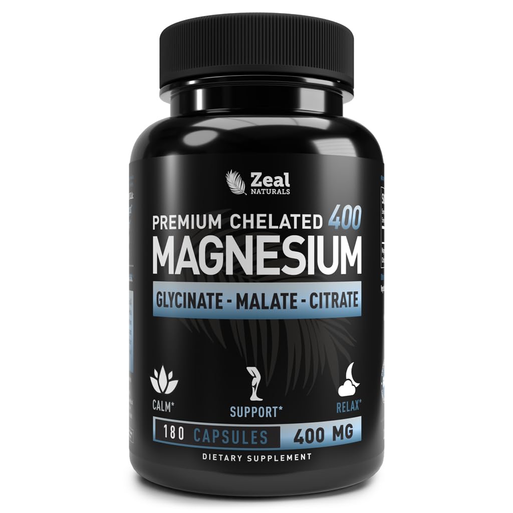 Premium Chelated Magnesium Glycinate, Malate, Citrate (400mg | 180 Capsules) Triple Blend Magnesium Complex