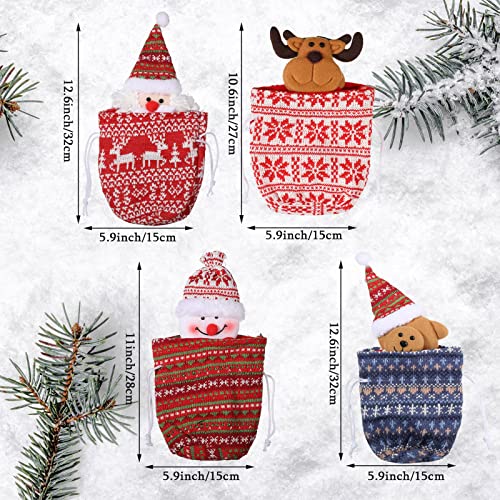 Christmas Gift Doll Bags with Drawstring Reusable, Knitted Burlap Santa Gifts Bags with Drawstring Santa Claus, Snowman, Elk, Bear for Kids Holiday Wrapping (4 Pcs)