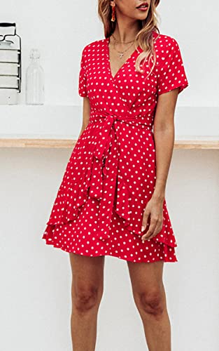 ECOWISH Women's V Neck Polka Dot Ruffles Mini Sexy Dress Short Sleeve Wrap Summer Dresses with Belt Red Small