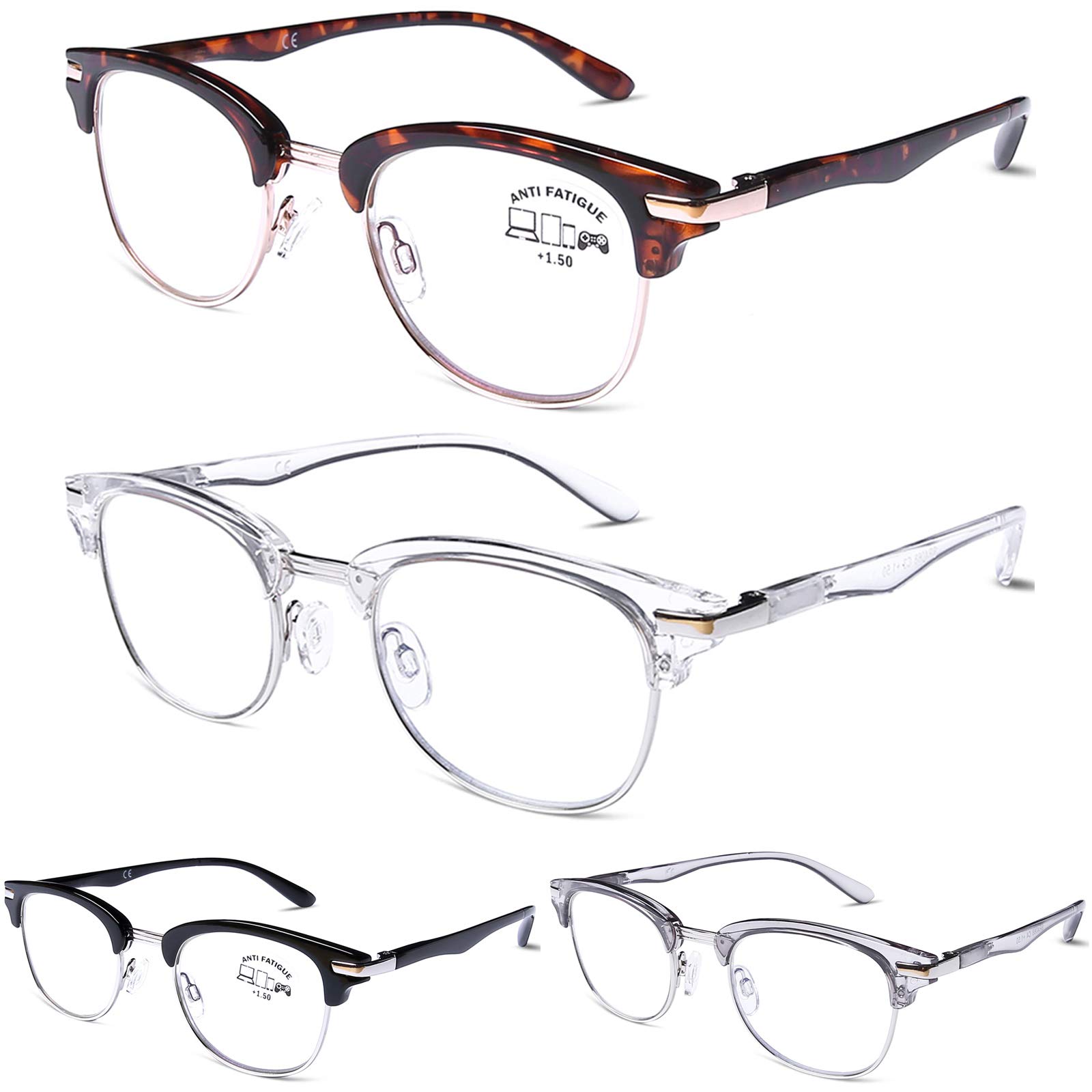 DOOViC 4 Pack Blue Light Blocking Reading Glasses Anti Eyestrain Fashion Classic Style Spring Hinge Computer Readers for Women Men 1.50 Strength