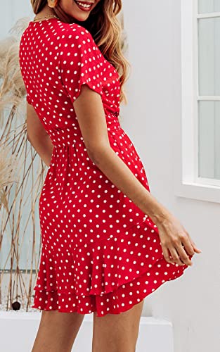 ECOWISH Women's V Neck Polka Dot Ruffles Mini Sexy Dress Short Sleeve Wrap Summer Dresses with Belt Red Small