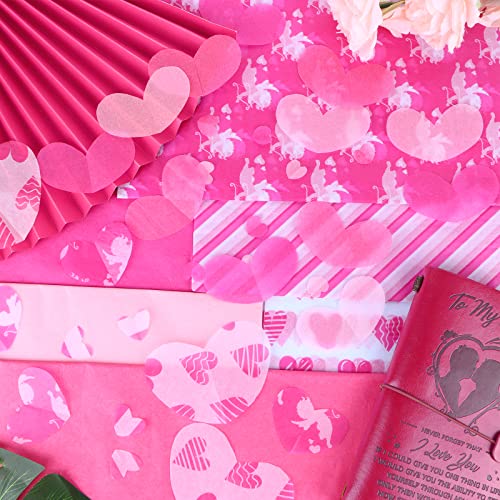 Kavoc 60 Sheets Huge Size Valentines Day Tissue Bulk, 20 x 30 inch Hot Pink Rose Red Love Heart Cupid Tissue Paper for Gift Wrapping, Gift Bags, Valentine's Day, Mother Plot, Birthday Party