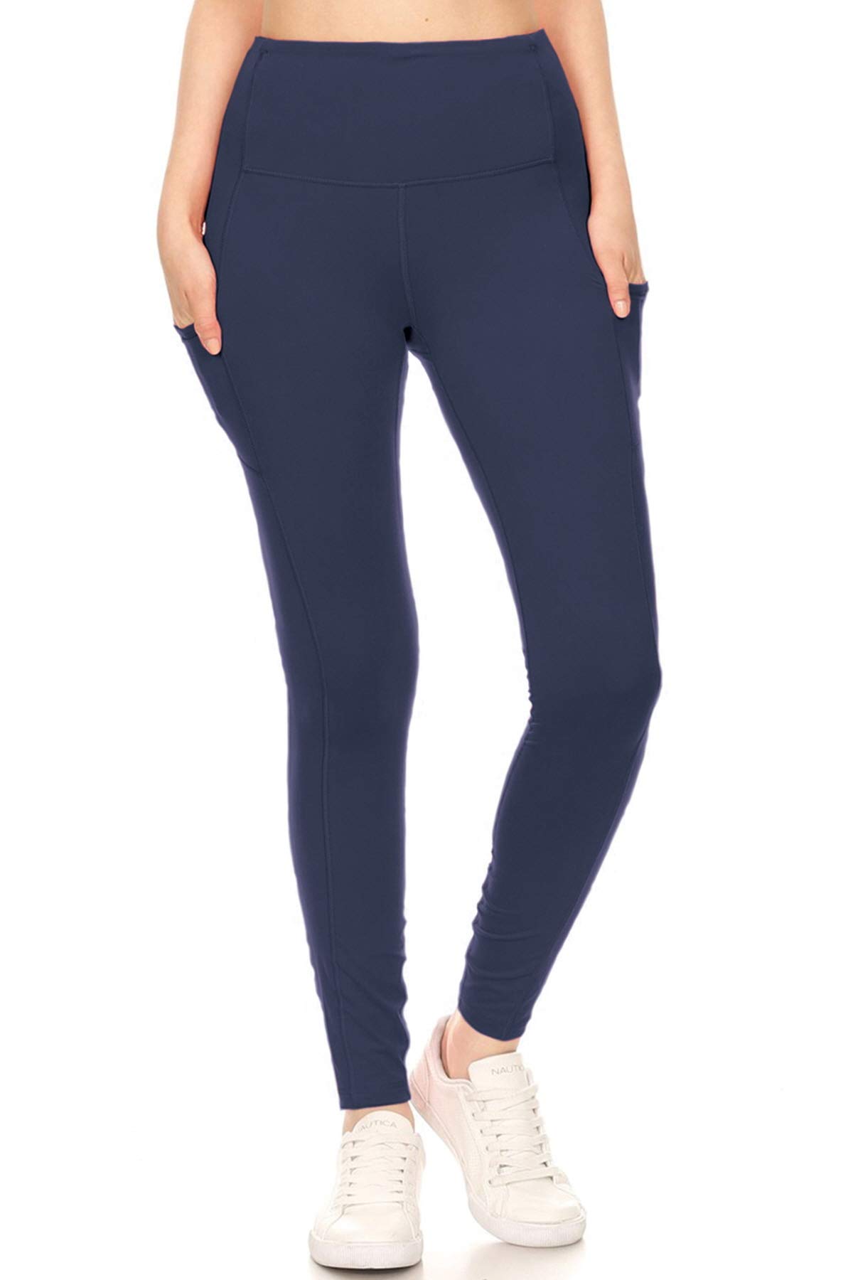 Leggings Depot Women's High Waisted ActiveFlex Leggings Pants (W/Pockets-Full Length, Navy, XL)