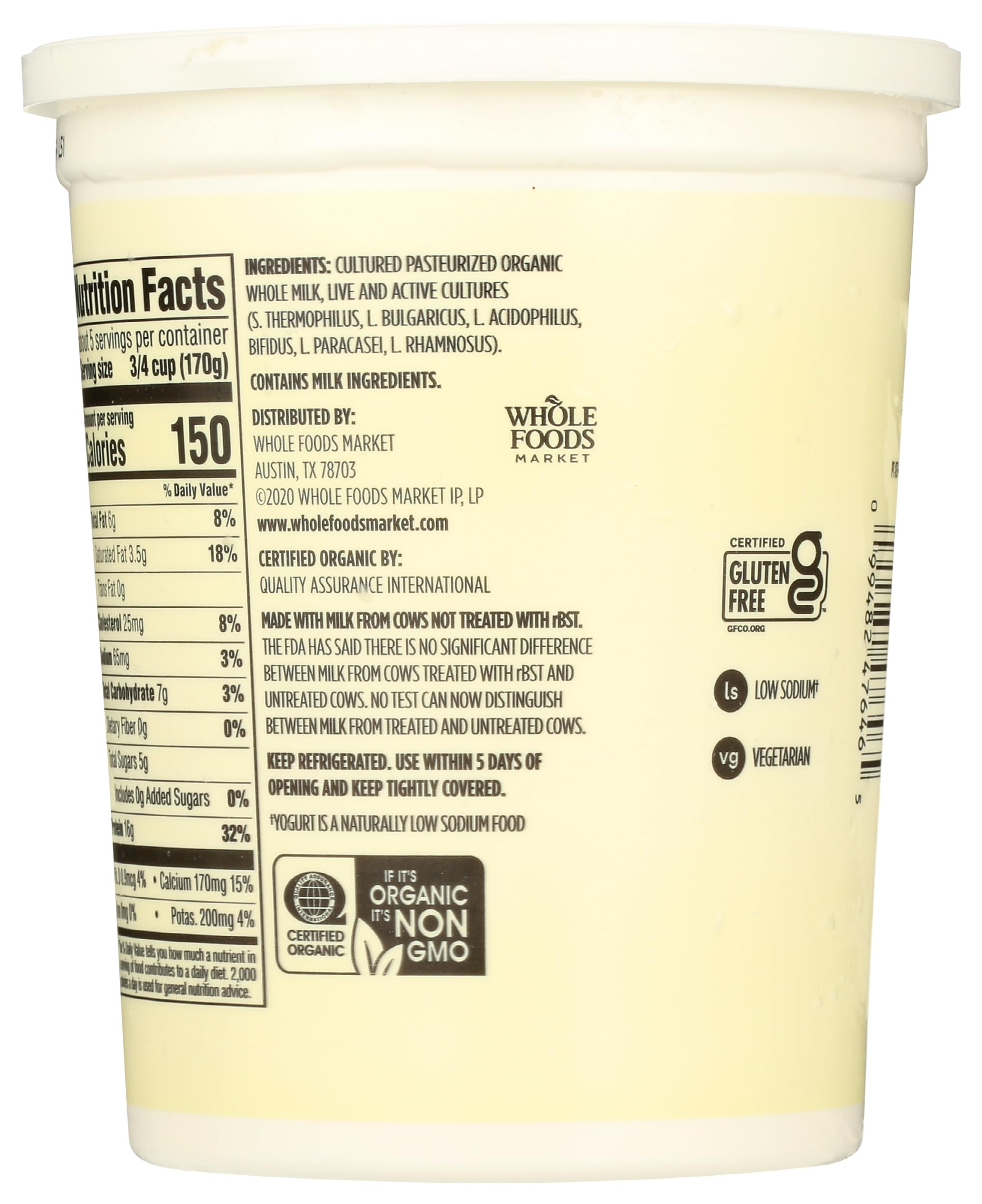 365 by Whole Foods Market, Yogurt Greek Plain Whole Milk Organic, 32 Ounce