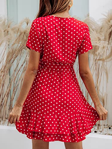 ECOWISH Women's V Neck Polka Dot Ruffles Mini Sexy Dress Short Sleeve Wrap Summer Dresses with Belt Red Small