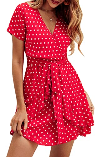 ECOWISH Women's V Neck Polka Dot Ruffles Mini Sexy Dress Short Sleeve Wrap Summer Dresses with Belt Red Small