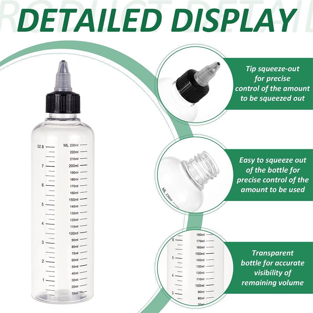 BENECREAT 8 Pack 8oz Large Transparent Plastic Dispensing Bottle with Twist Cap and Graduated Measurement for Liquids, Inks, Oils, Arts and Crafts