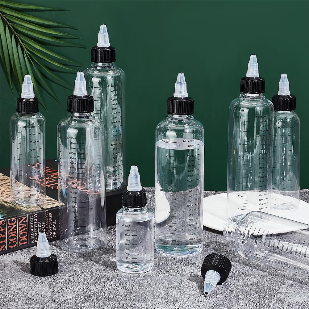 BENECREAT 8 Pack 8oz Large Transparent Plastic Dispensing Bottle with Twist Cap and Graduated Measurement for Liquids, Inks, Oils, Arts and Crafts