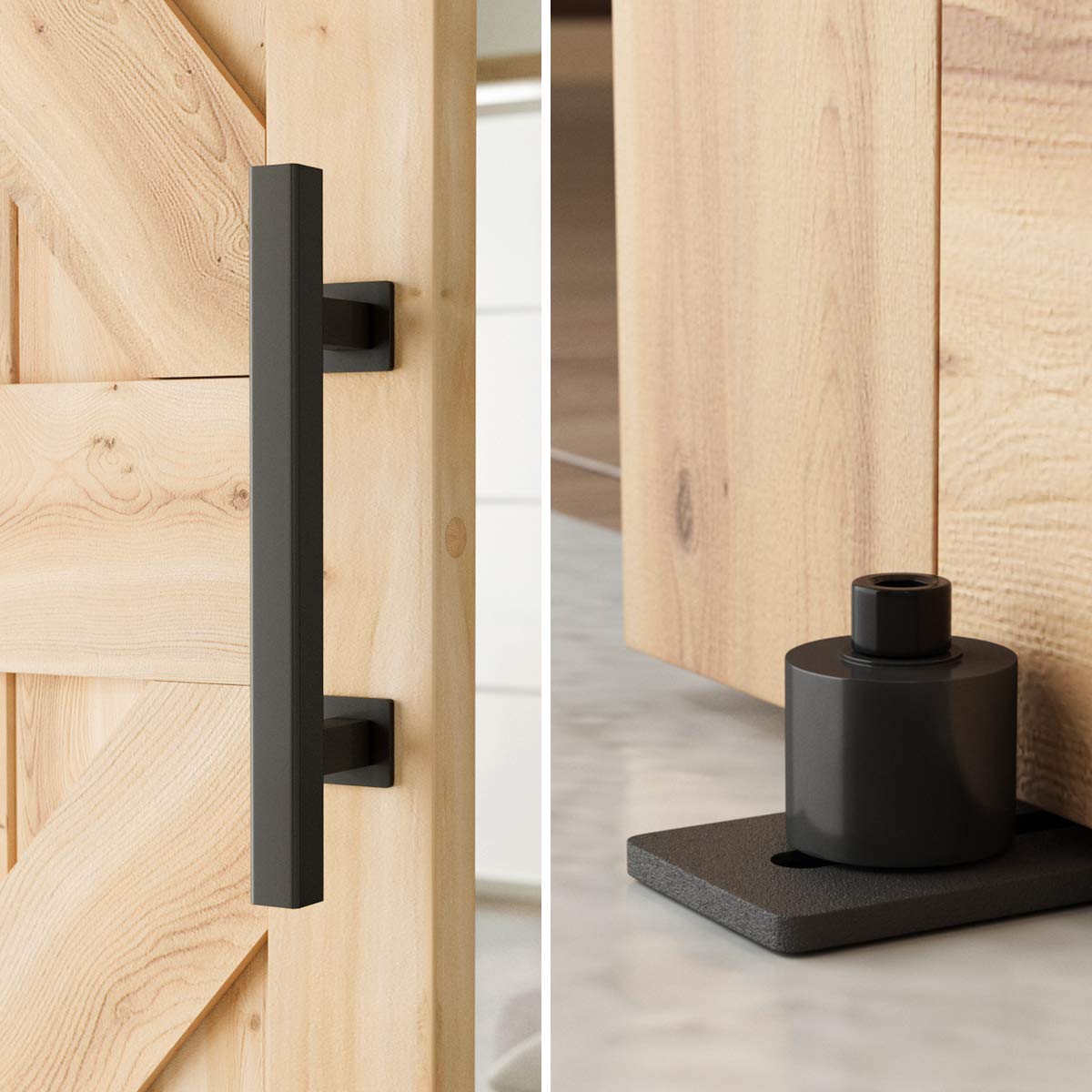 SMARTSTANDARD Heavy Duty 12" Barn Door Handle Set with Adjustable Barn Door Floor Guide for Gates Garages Sheds Furniture, Square