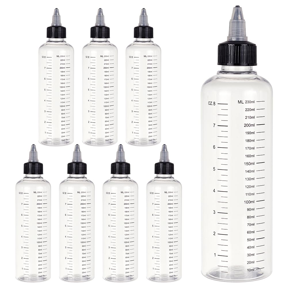 BENECREAT 8 Pack 8oz Large Transparent Plastic Dispensing Bottle with Twist Cap and Graduated Measurement for Liquids, Inks, Oils, Arts and Crafts