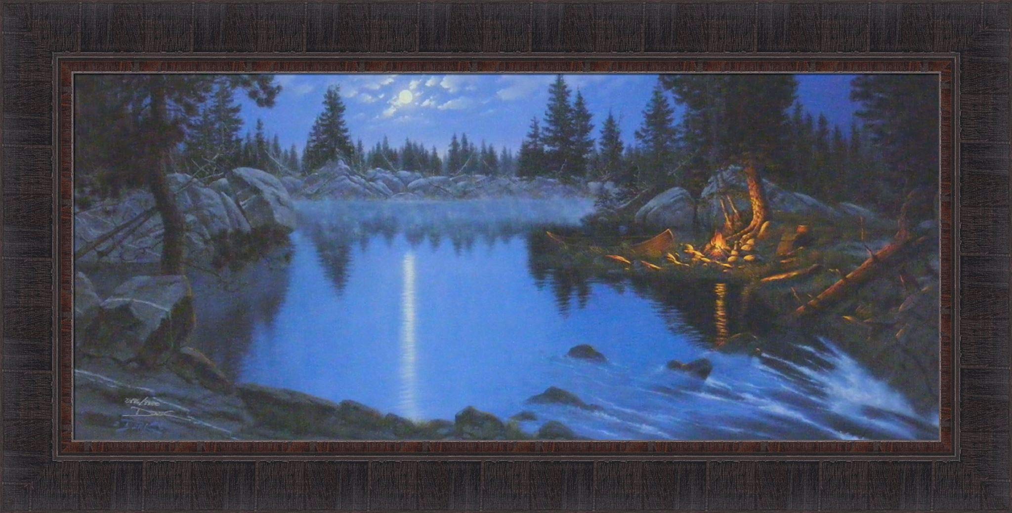 The Sound of Silence by Derk Hansen S/N 18x35 River Lake Night Full Moon Canoe Camp Fire Framed Art Print Wall Décor Picture