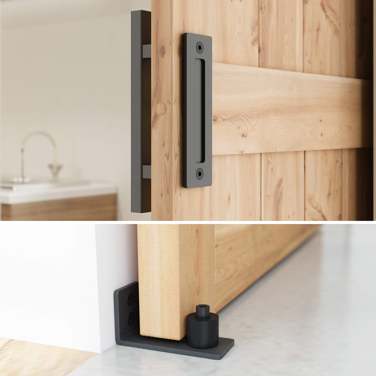 SMARTSTANDARD Heavy Duty 12" Barn Door Handle Set with Adjustable Barn Door Floor Guide for Gates Garages Sheds Furniture, Square