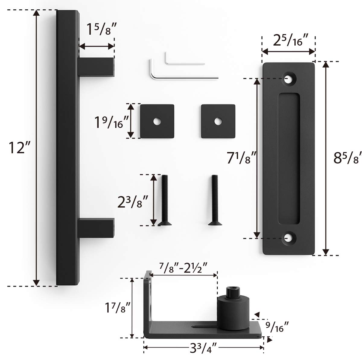 SMARTSTANDARD Heavy Duty 12" Barn Door Handle Set with Adjustable Barn Door Floor Guide for Gates Garages Sheds Furniture, Square