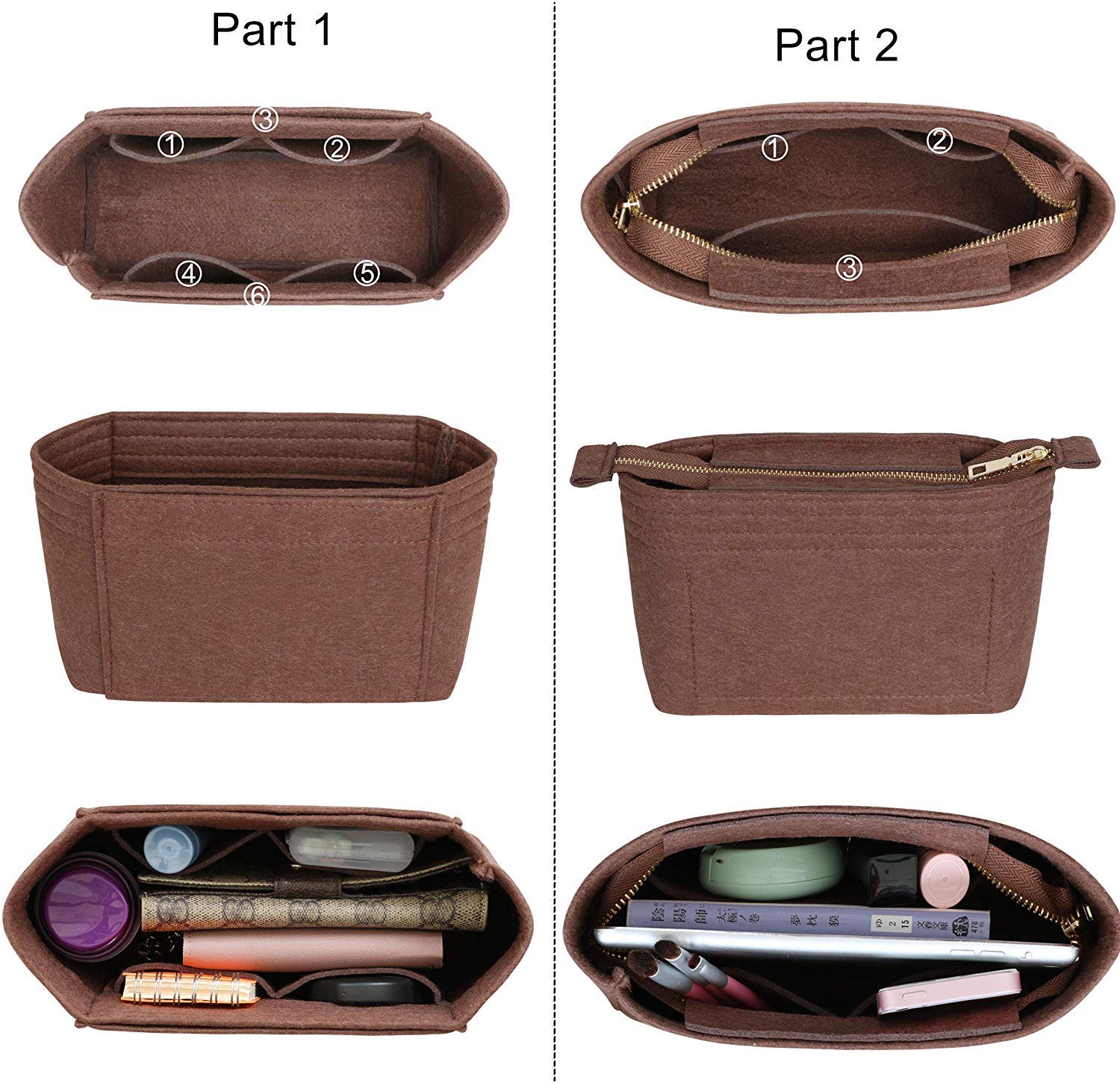 HyFanStr Felt Insert Bag Organizer with Zipper, Small Handbag Purse Organizer Tote Liner Pouch for Women, 2 Pcs Set Coffee