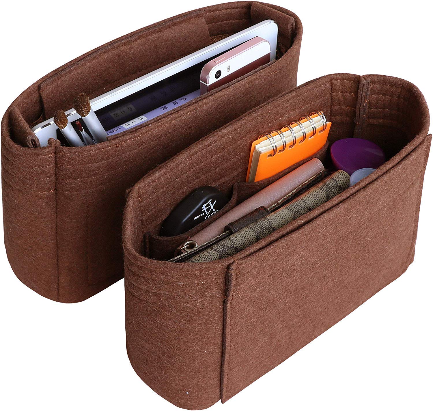 HyFanStr Felt Insert Bag Organizer with Zipper, Small Handbag Purse Organizer Tote Liner Pouch for Women, 2 Pcs Set Coffee