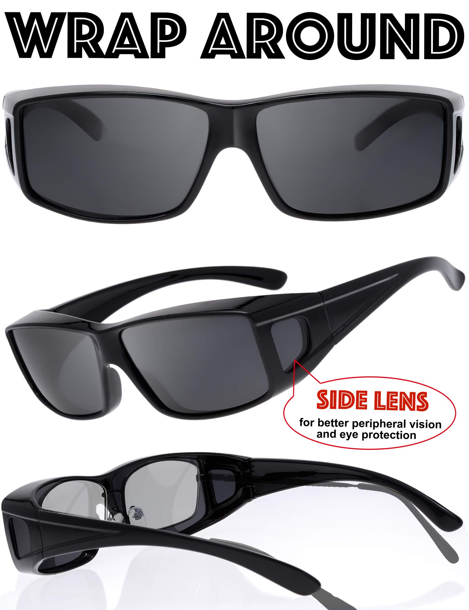 The Fresh High Definition Polarized Wrap Around Shield Sunglasses for Prescription Glasses - Gift Box Package (F701-Black, Grey(Including side lens))