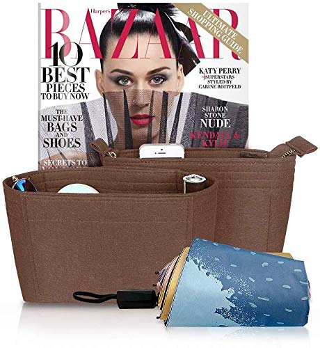 HyFanStr Felt Insert Bag Organizer with Zipper, Small Handbag Purse Organizer Tote Liner Pouch for Women, 2 Pcs Set Coffee