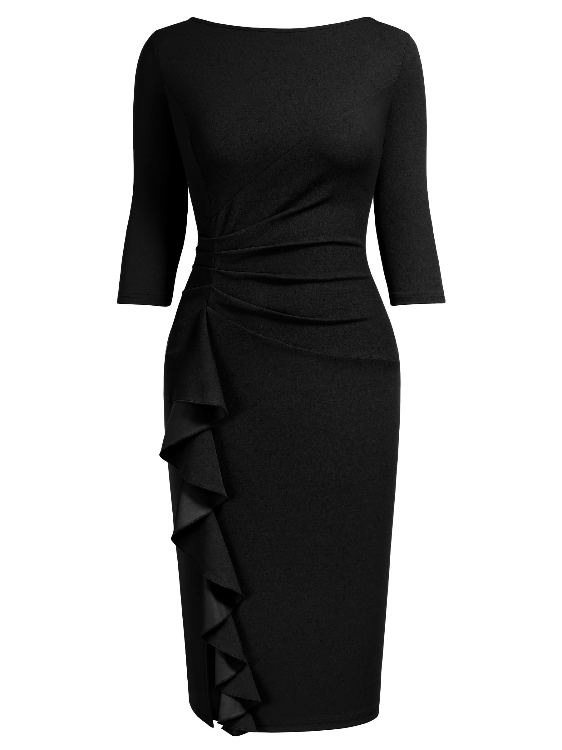 AISIZE Women's Retro 3/4 Sleeve Ruched Elegant Business Pencil Sheath Dress Black