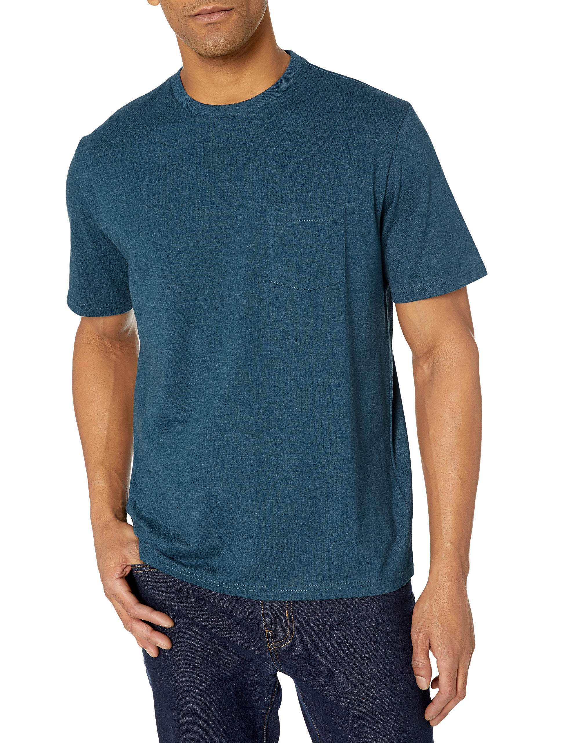 Amazon Essentials Men's Regular-Fit Short-Sleeve Crewneck Pocket T-Shirt, Pack of 2, Teal Blue/Charcoal Heather, Large