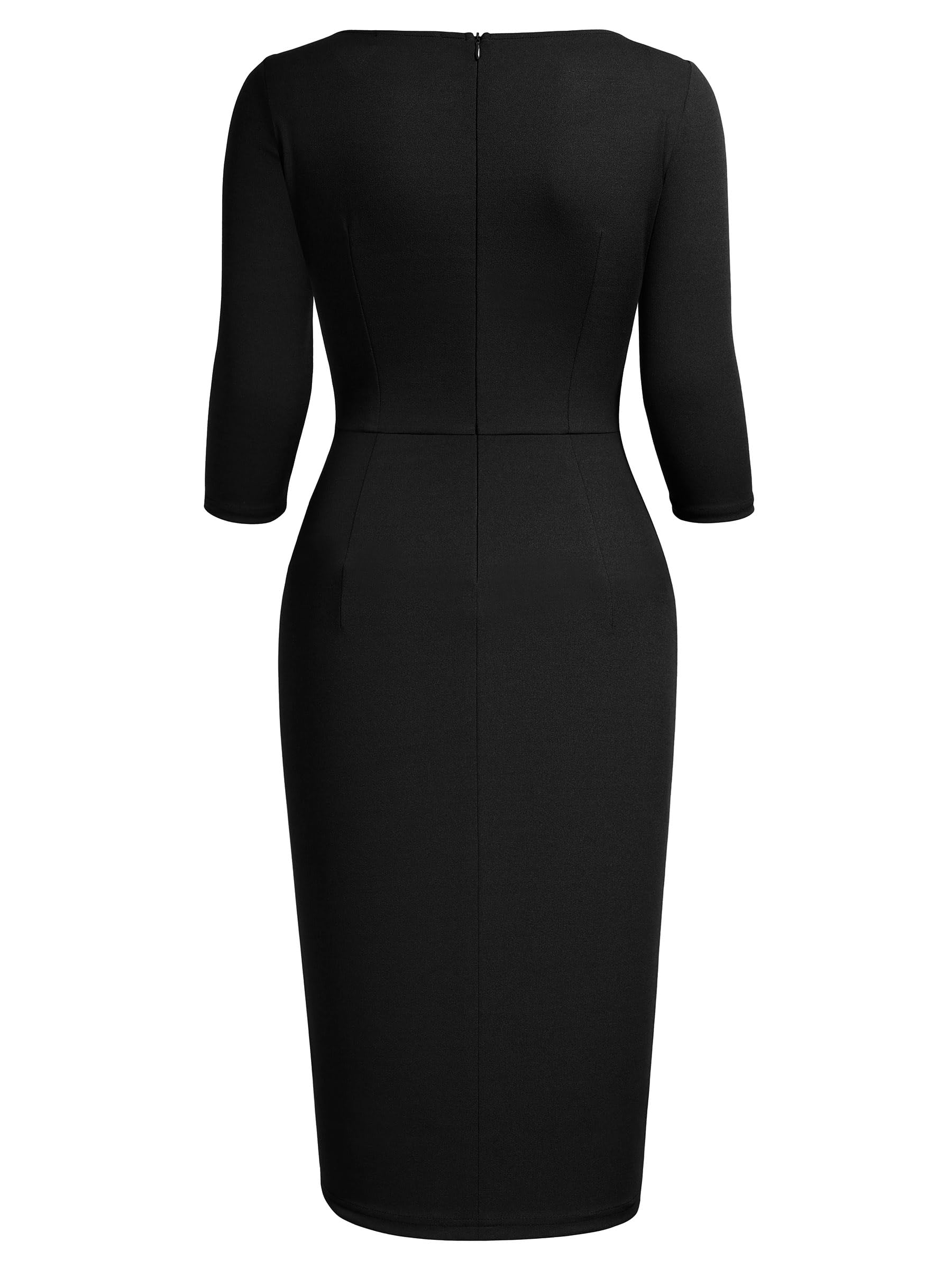 AISIZE Women's Retro 3/4 Sleeve Ruched Elegant Business Pencil Sheath Dress Black